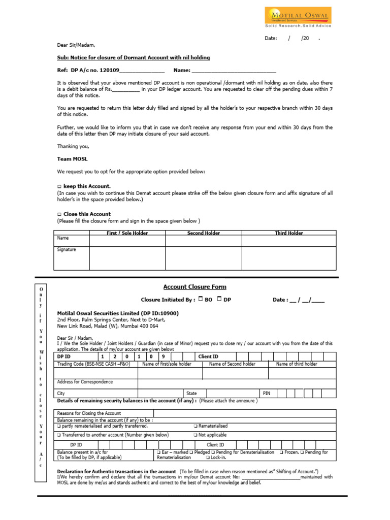 Notice For Closure of Dormant Account OR DP Pending Dues | PDF ...