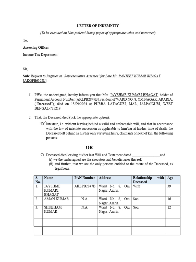 Indemnity Letter for Tax Representation | PDF | Indemnity | Common Law