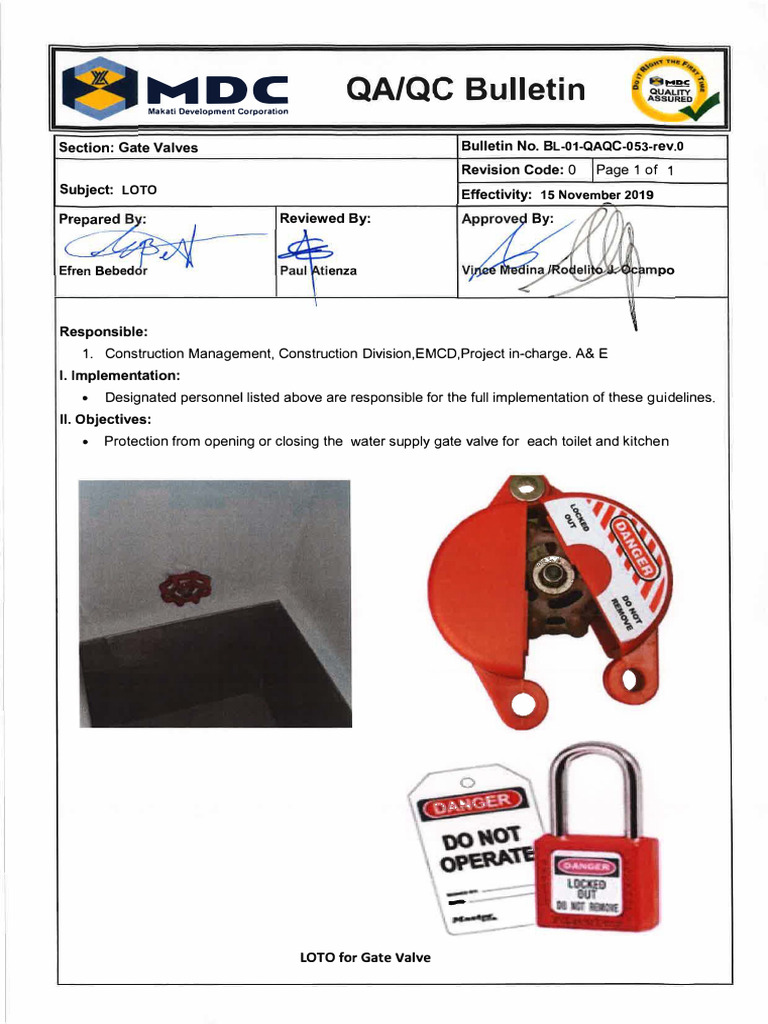 BL-01-QAQC-053-LOTO On Gate Valves | PDF