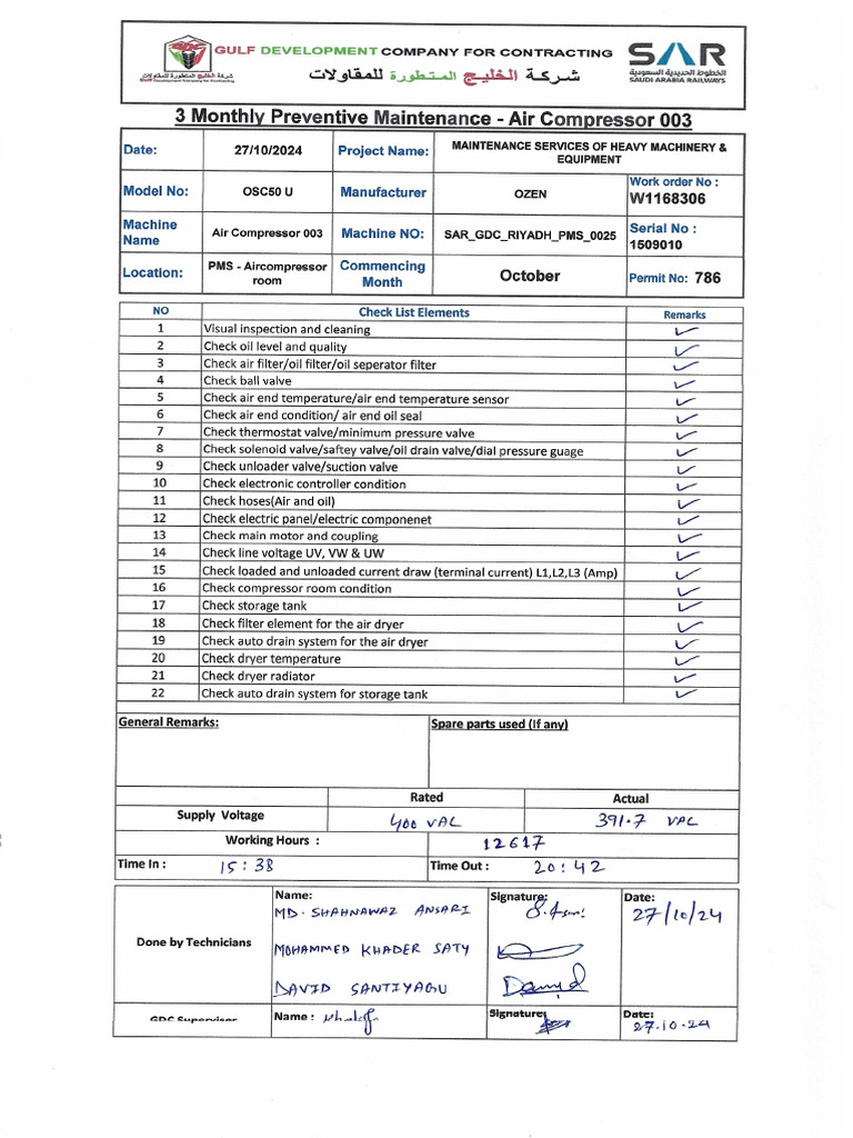 PMS AirCompressor003 3MonthlyPPM Checklist | PDF