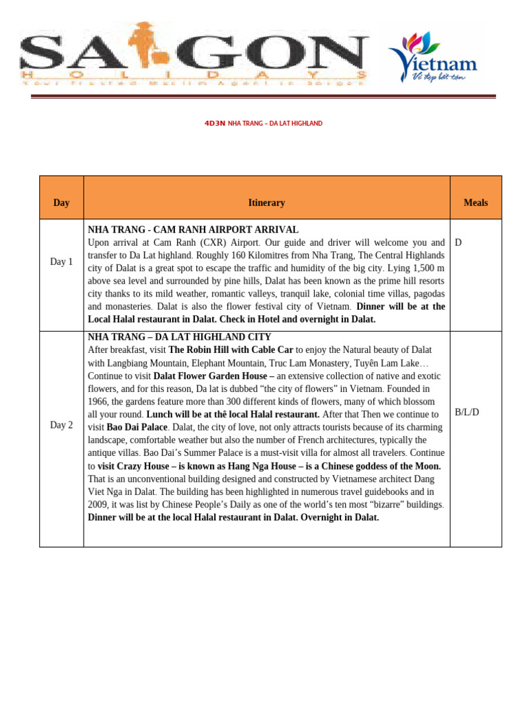 4D3N Nha Trang to Da Lat Tour Itinerary | PDF