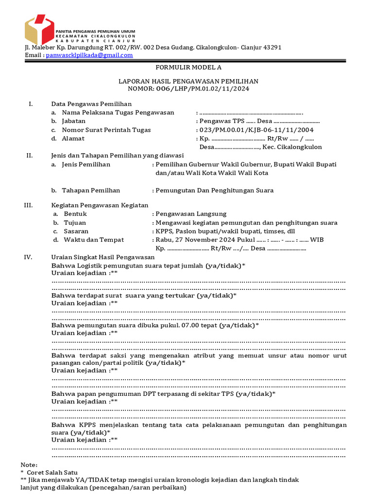 REVISI FORM A PTPS LHP Pemungutan Dan Penghitungan Suara 27 November 2024-1 | PDF