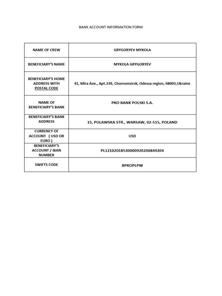 Bank Account Information Form Usd 12.11.2024 | PDF