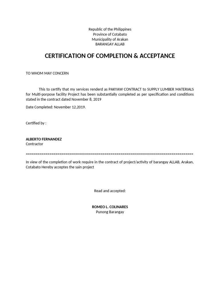 Cert of Completion & Acceptance | PDF