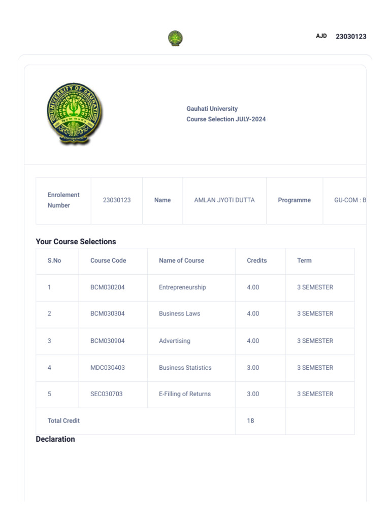 Course Selection for GU-COM B Program | PDF