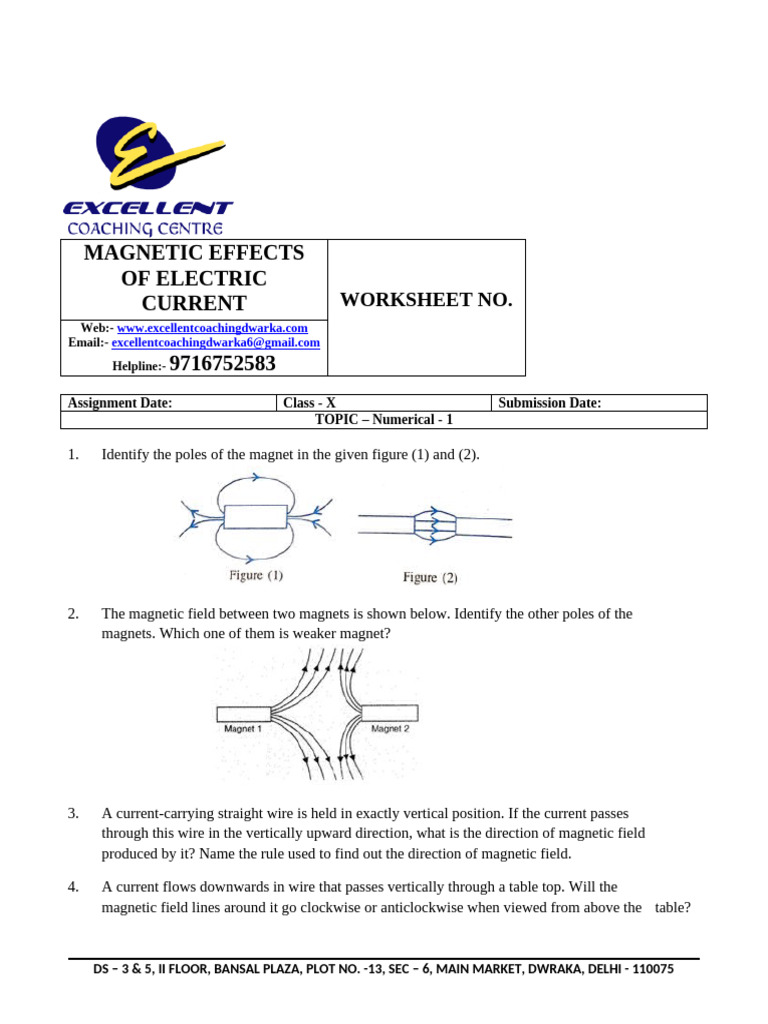 Magnetic Effects of Electric Current - Worksheet | PDF | Magnetic Field ...