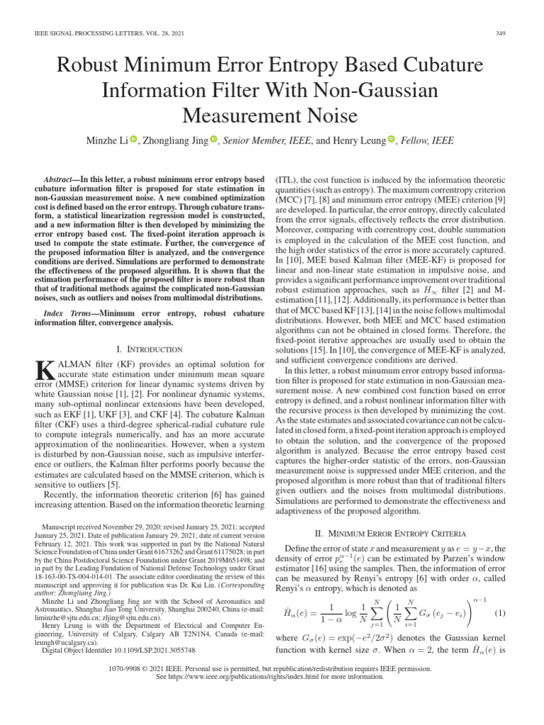 Robust Minimum Error Entropy Based Cubature Information Filter With Non-Gaussian Measurement ...
