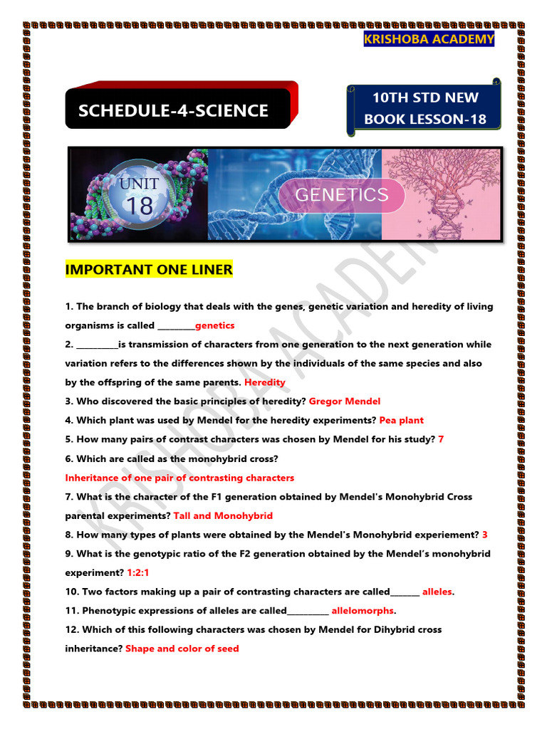 Schedule-4-Science-One Liner-English | PDF | Genetics | Biology