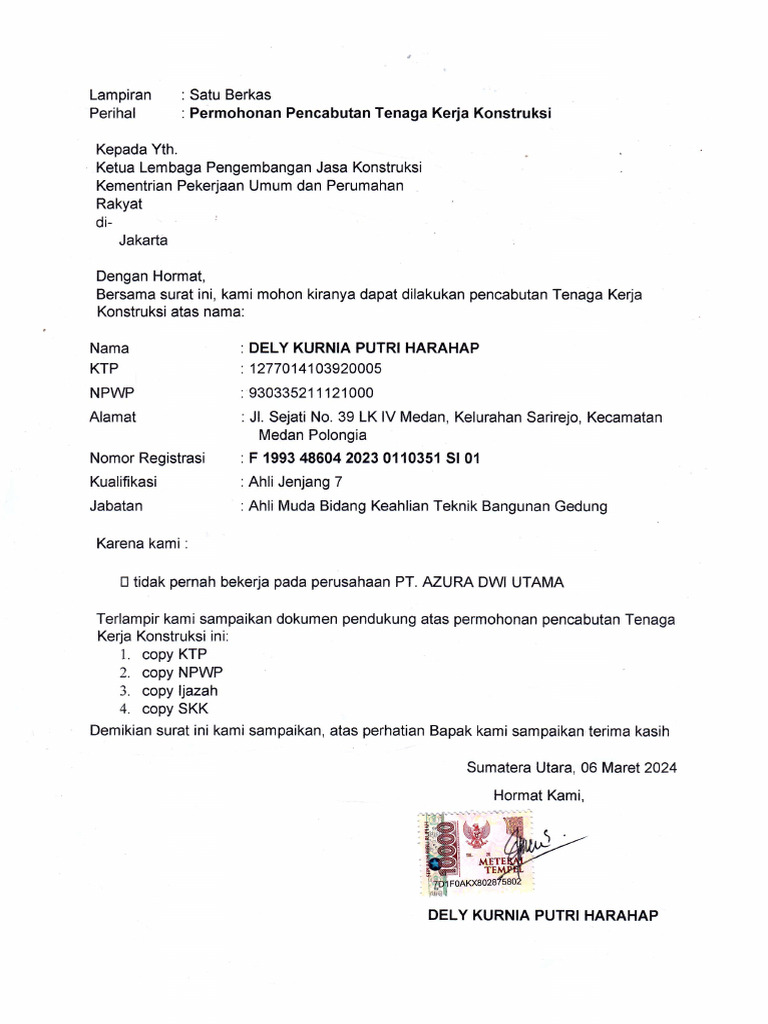 Permohonan Dely Kurnia Putri Harahap | PDF