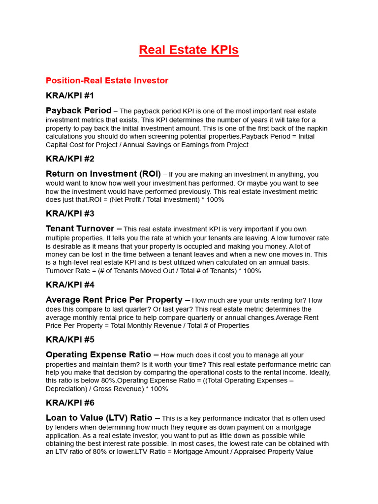 Real Estate KPIs | PDF | Mortgages | Loan To Value Ratio