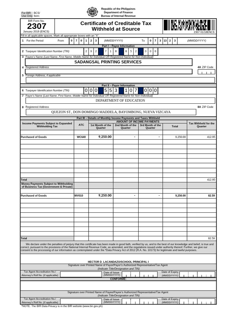 BIR Form 2307 Updated AUG 2023 | PDF | Payments | Taxes