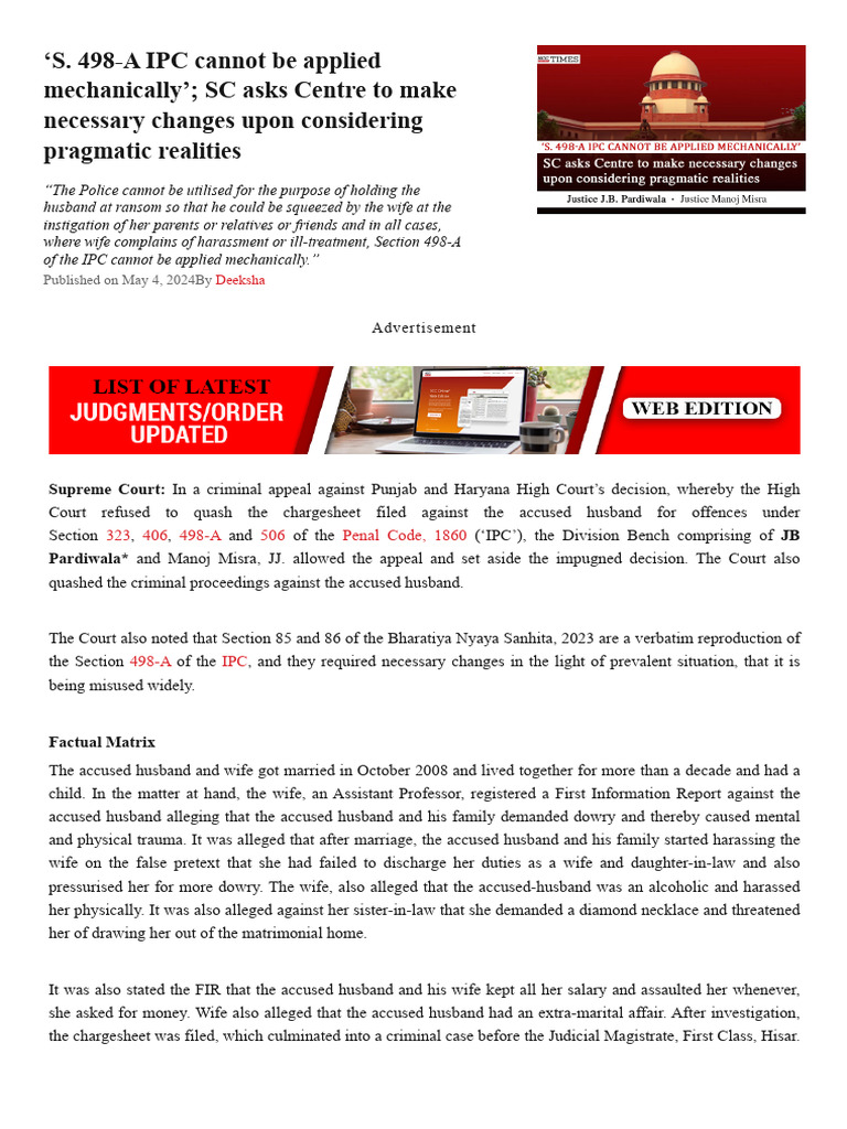 SC Asks Centre To Make Necessary Changes To S. 498-A Upon Considering ...