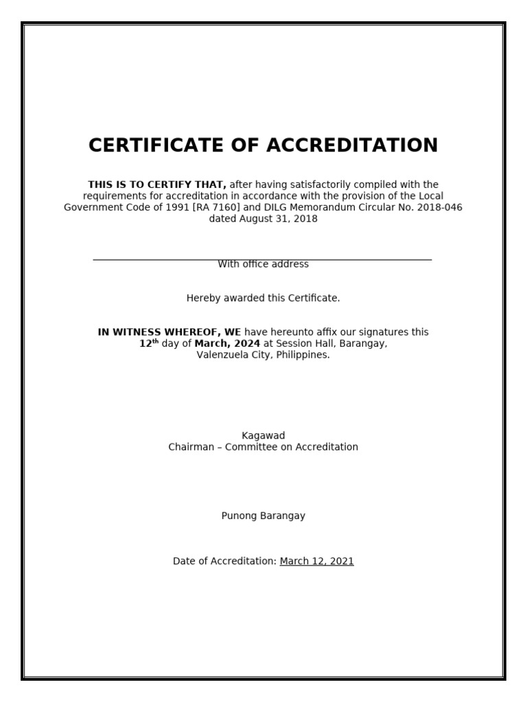 Certificate of Accreditation Sample | PDF