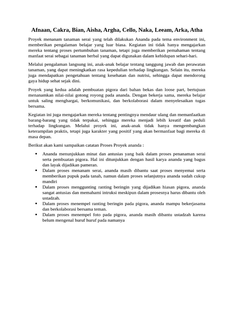 Proyek Serai dan Pigora: Pembelajaran Anak | PDF