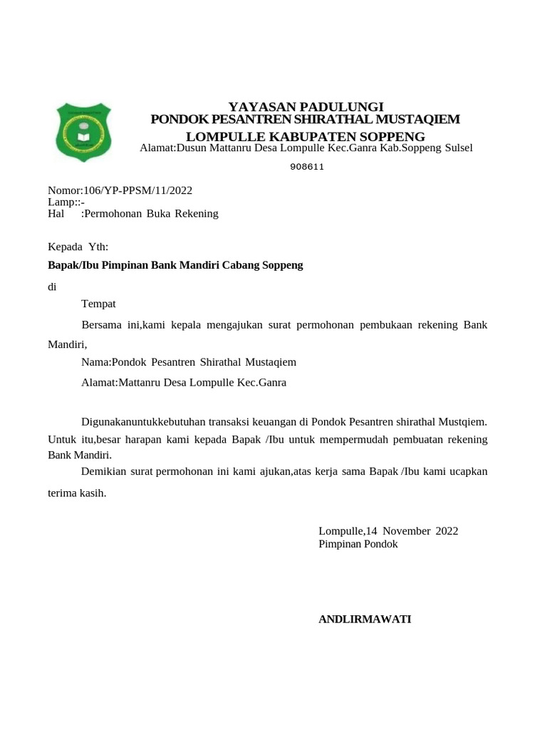 Contoh Surat Permohonan Pembuatan Rekening | PDF