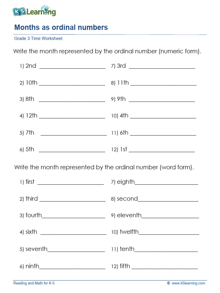 Grade 3 Ordinal Months Worksheet | PDF
