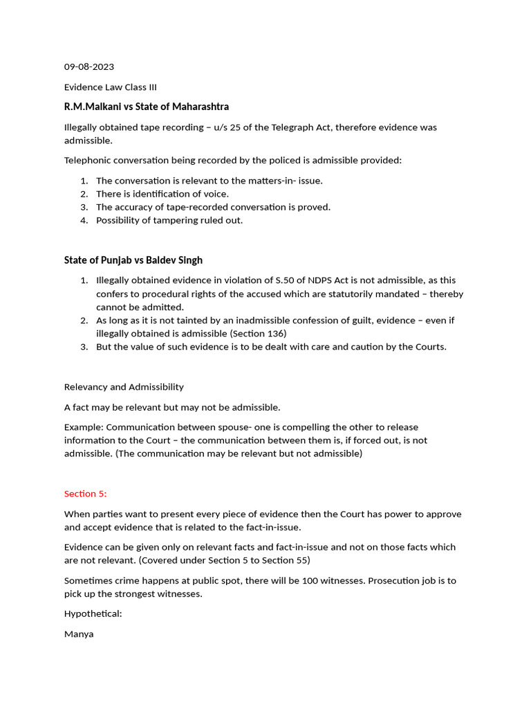 Evidence Law Notes III | PDF | Evidence (Law) | Witness