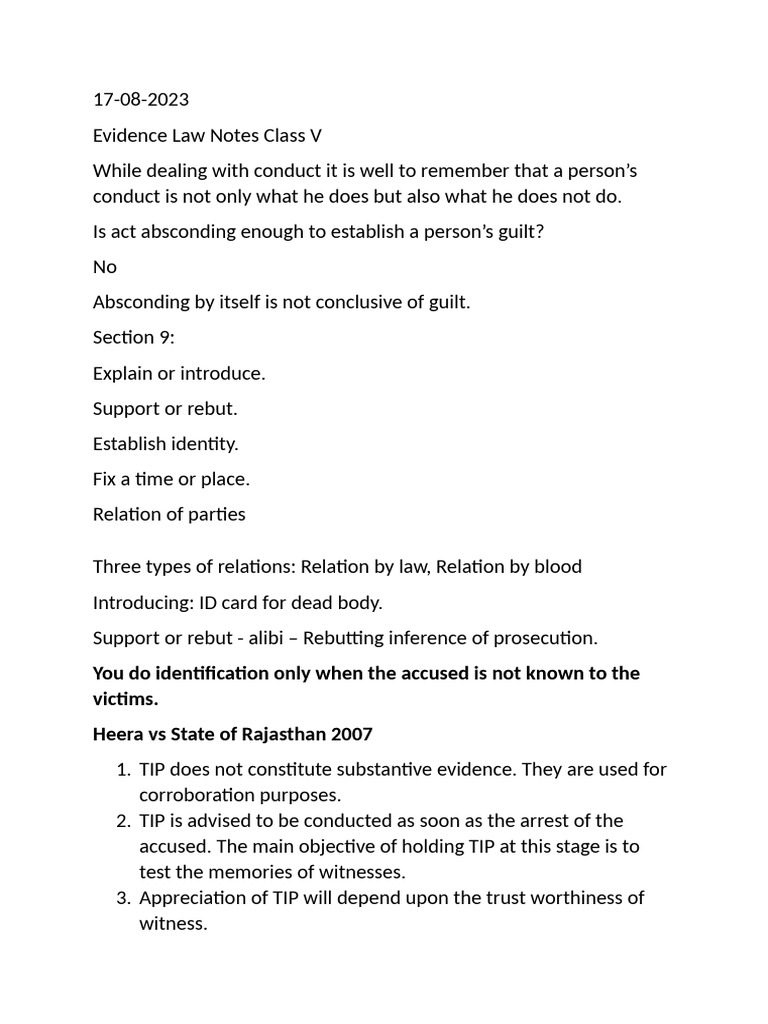 Evidence Law Notes V | PDF | Witness | Law Enforcement