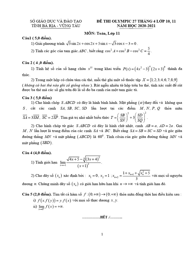 De Thi Olympic Mon Toan Lop 11 Nam 2020 - 2021 | PDF