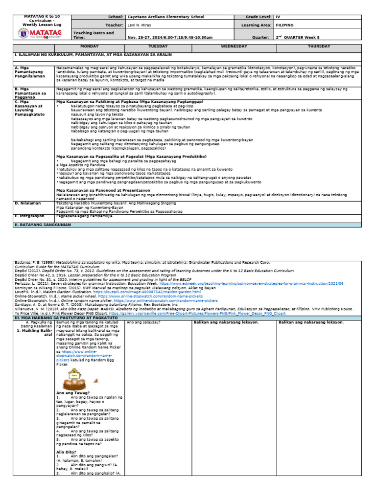 DLL - Filipino 4 - Q2 W8 Final | PDF