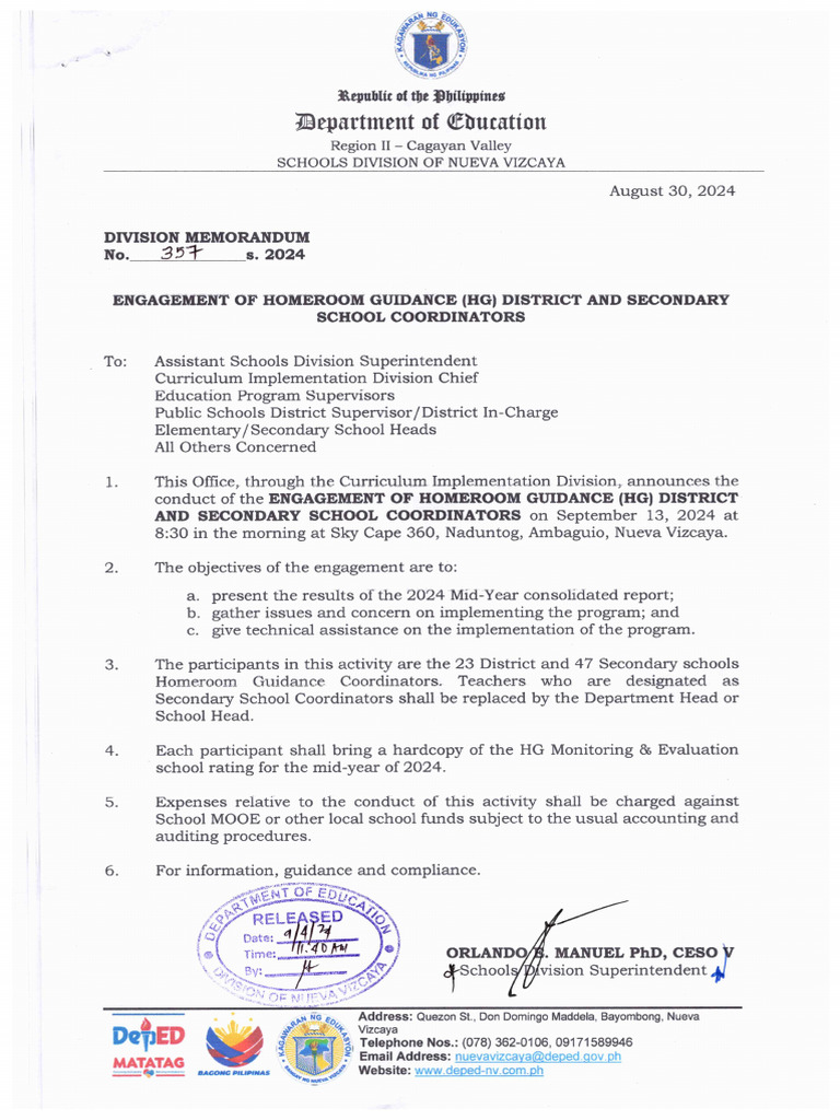DM No. 357 S. 2024 Engagement of Homeroom Guidance HG District and Secondary School Coordinators ...