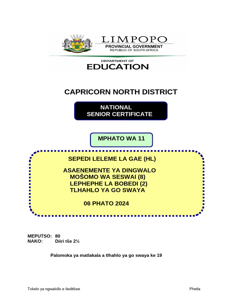 Sepedi HL P2 Grade 11 Memo Asaenemente 2024 06082024 Final | PDF