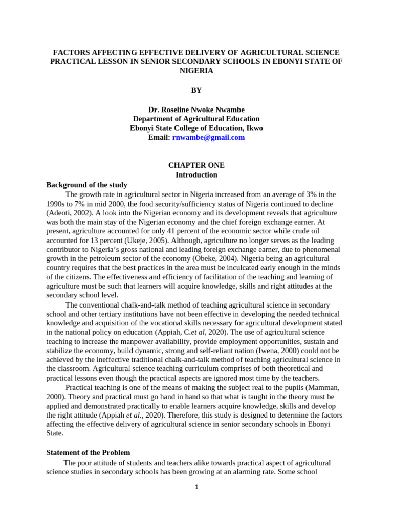 Factors Affecting Effective Delivery of Agricultural Science Practical ...