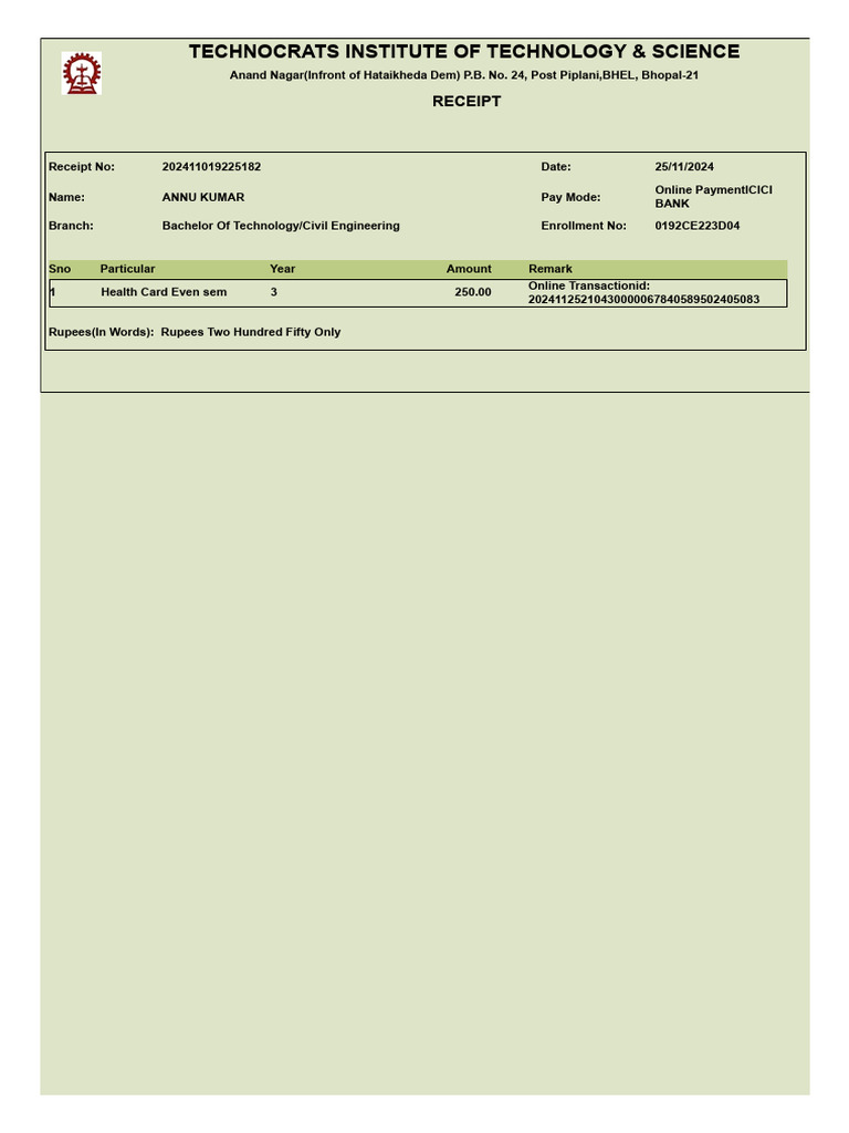 Technocrats Institute of Technology & Science: Receipt | PDF