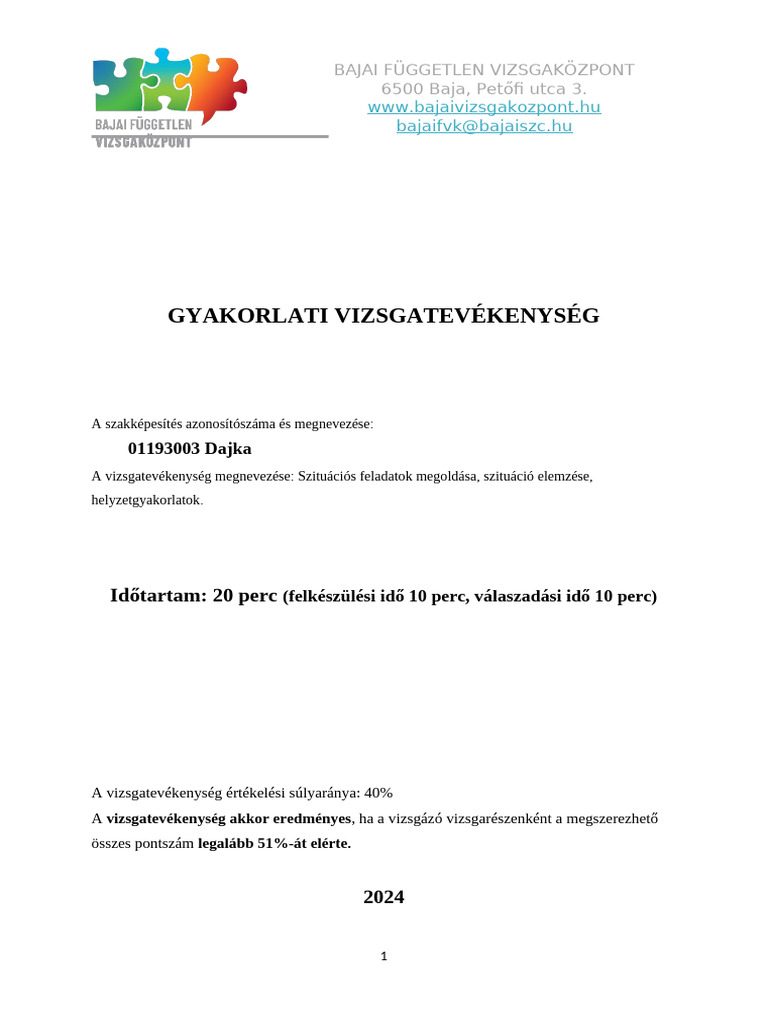 Gyakorlati Vizsgatevékenység Dajka | PDF