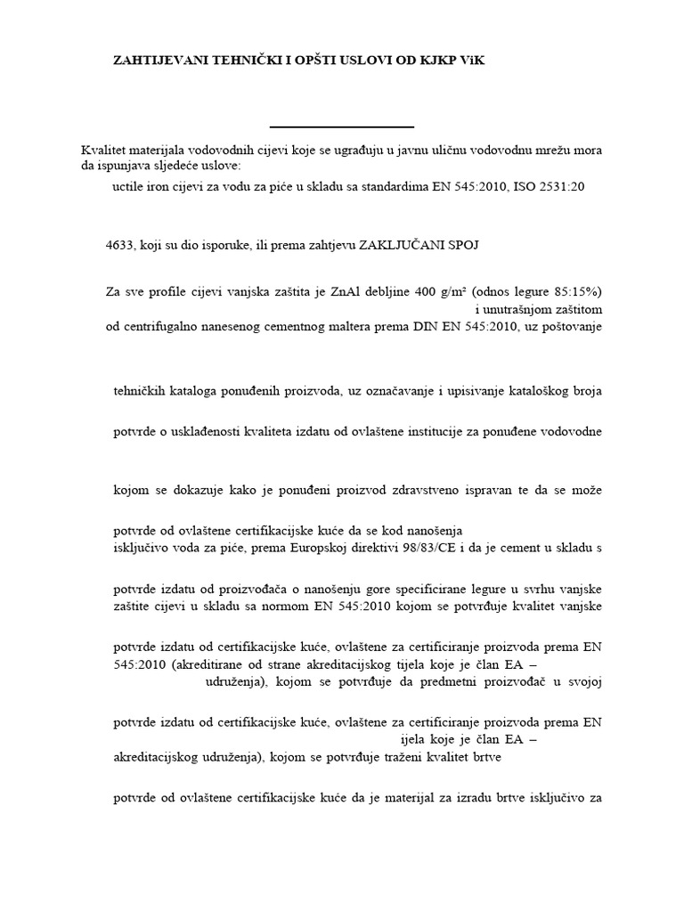 Tehnički Uslovi Za Vodovod 2023-ViK | PDF