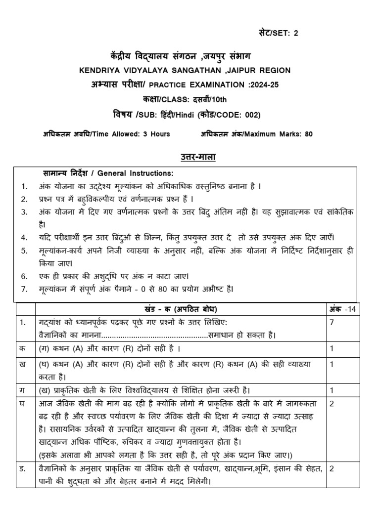 AK Set 2 Hindi Practice Exam Class 10 JPR RG | PDF