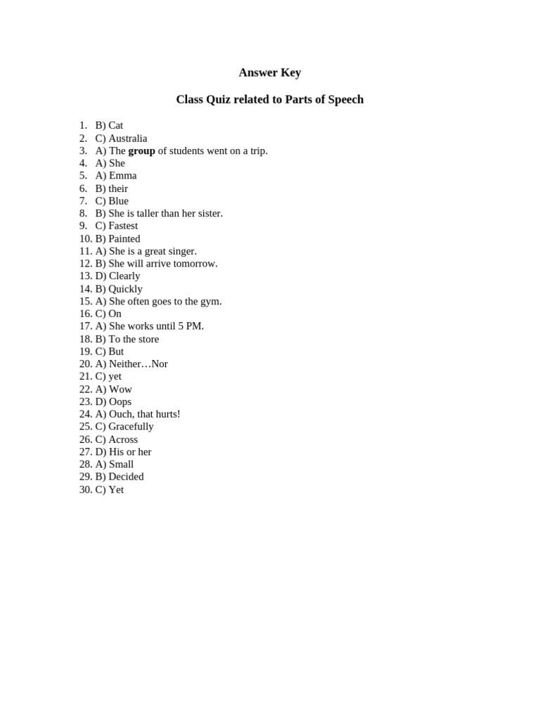 Parts of Speech Quiz Answer Key | PDF