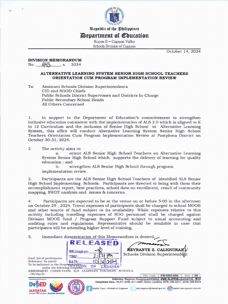 DVM No. 443 S. 2024 Alternative Learning System Senior High School Teachers Orientation Cum ...