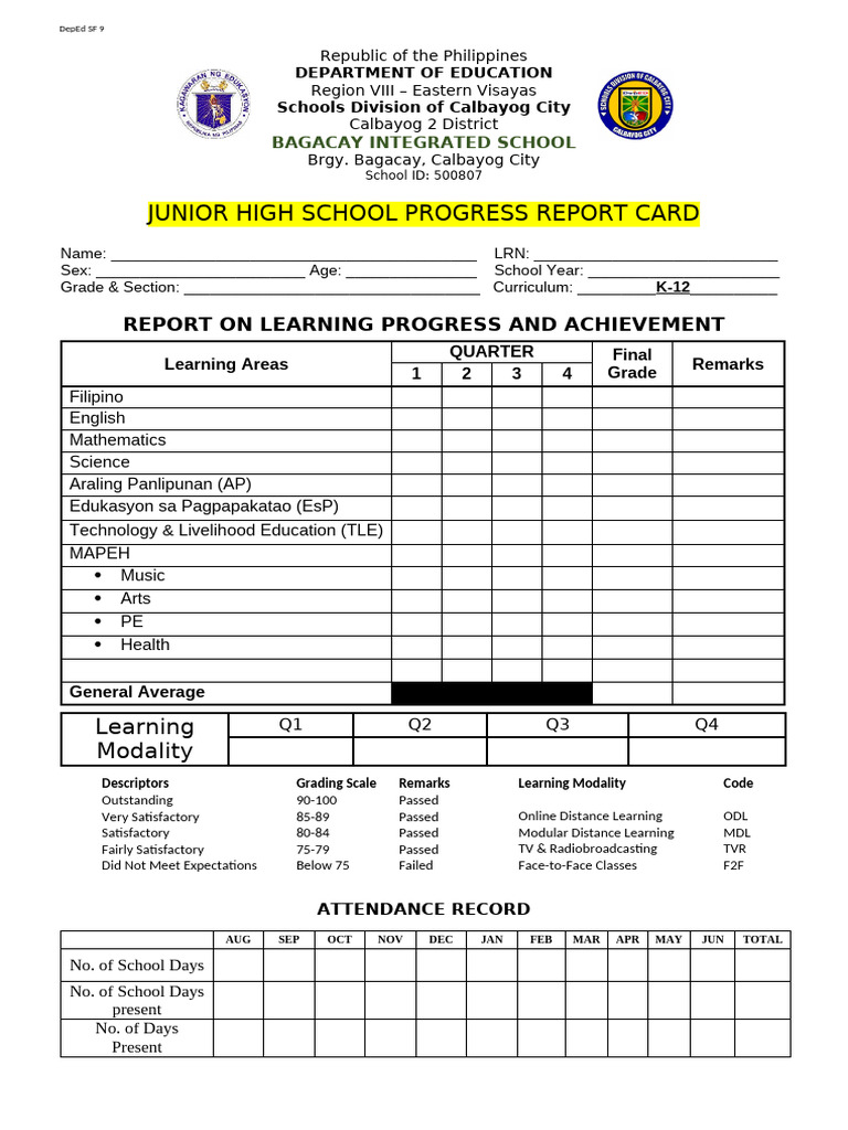 JHS - SF9 Format - A4 | PDF | Teachers | Learning