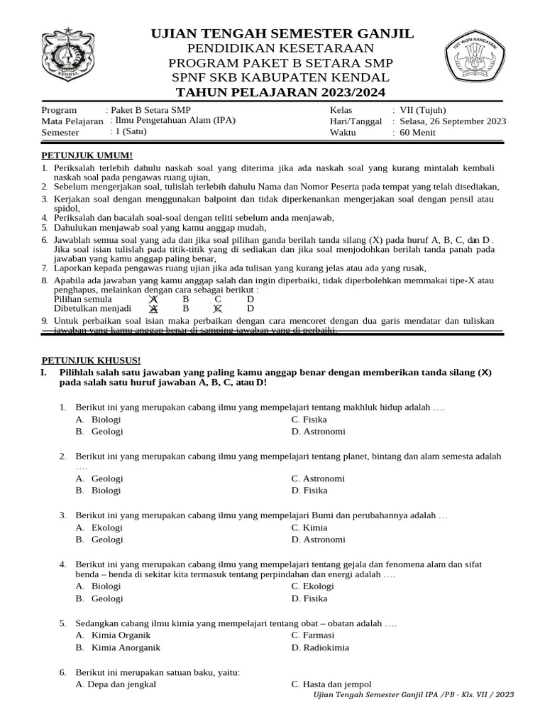 Soal Ujian Tengah Semester PB Ipa KLS Vii | PDF