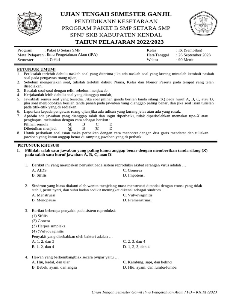 Soal Ujian Tengah Semester Ganjil Paket B Ipa - Ix | PDF