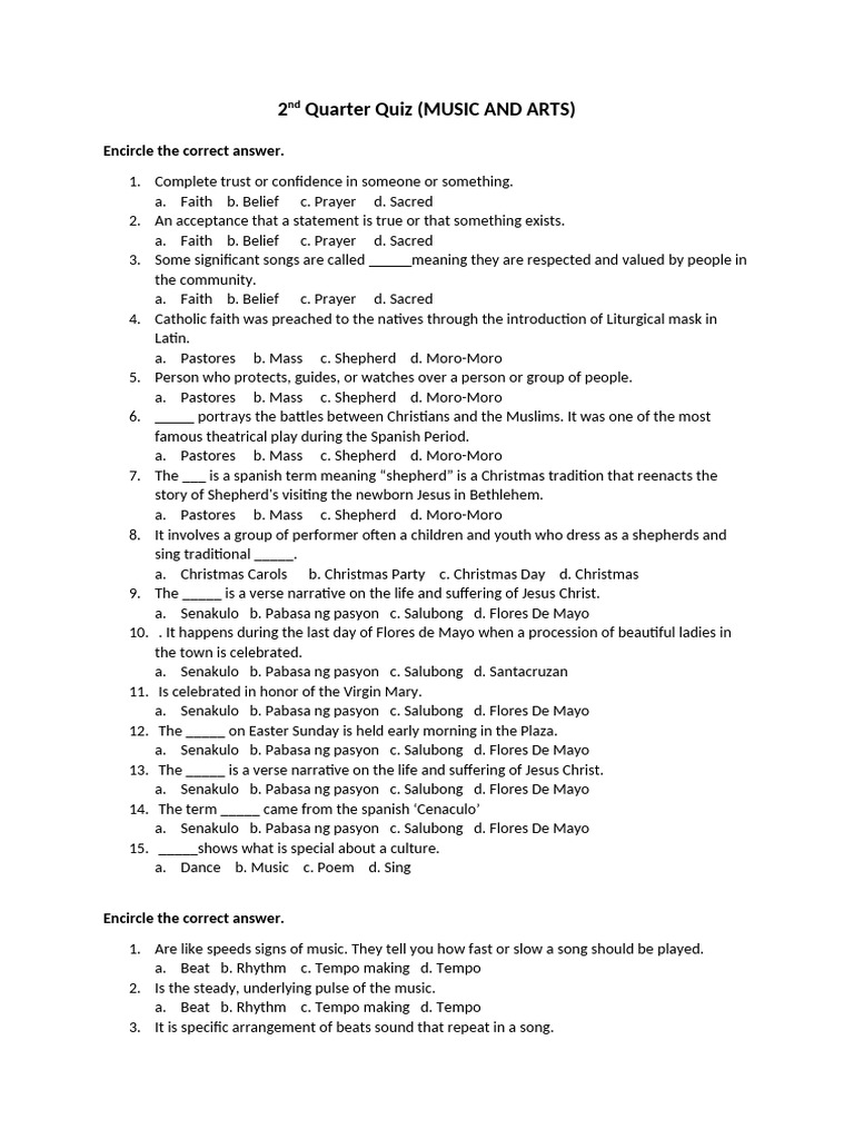 2nd Quarter Quiz MAPEH | PDF | Tempo | Rhythm