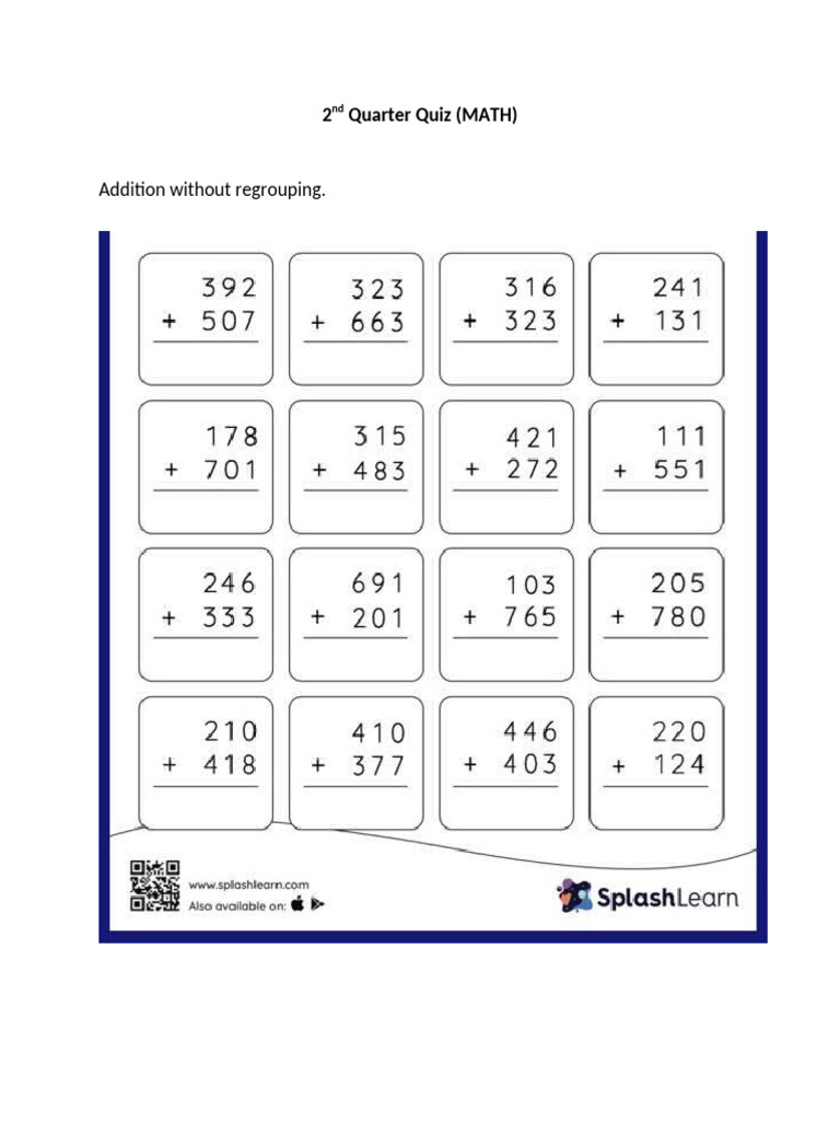 2nd Quarter Math Quiz: Addition & Division | PDF
