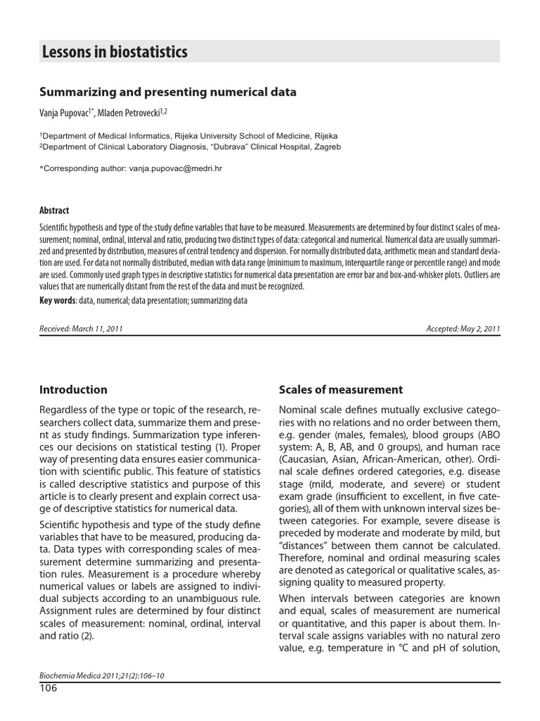 Summarizing and Presenting Numerical Data | PDF | Mean | Level Of Measurement