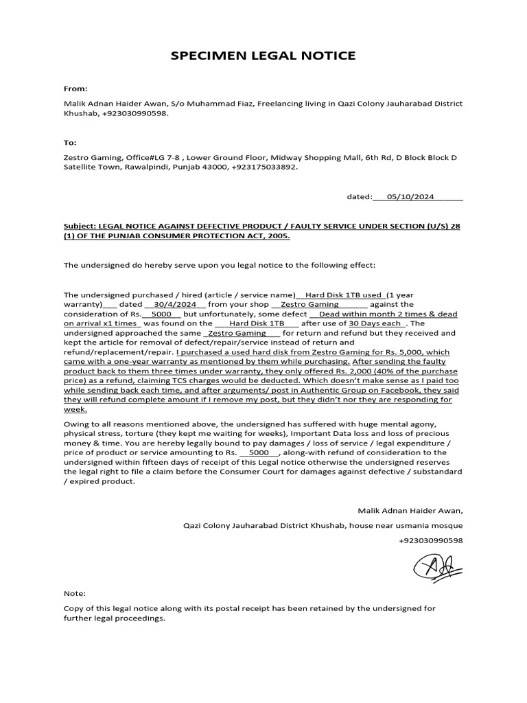 Specimen Legal Notice | PDF