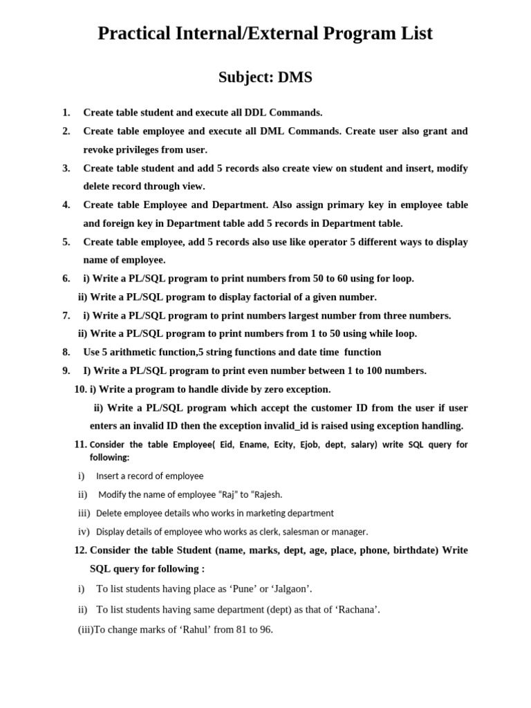Internal Practical List | PDF | Pl/Sql | Sql