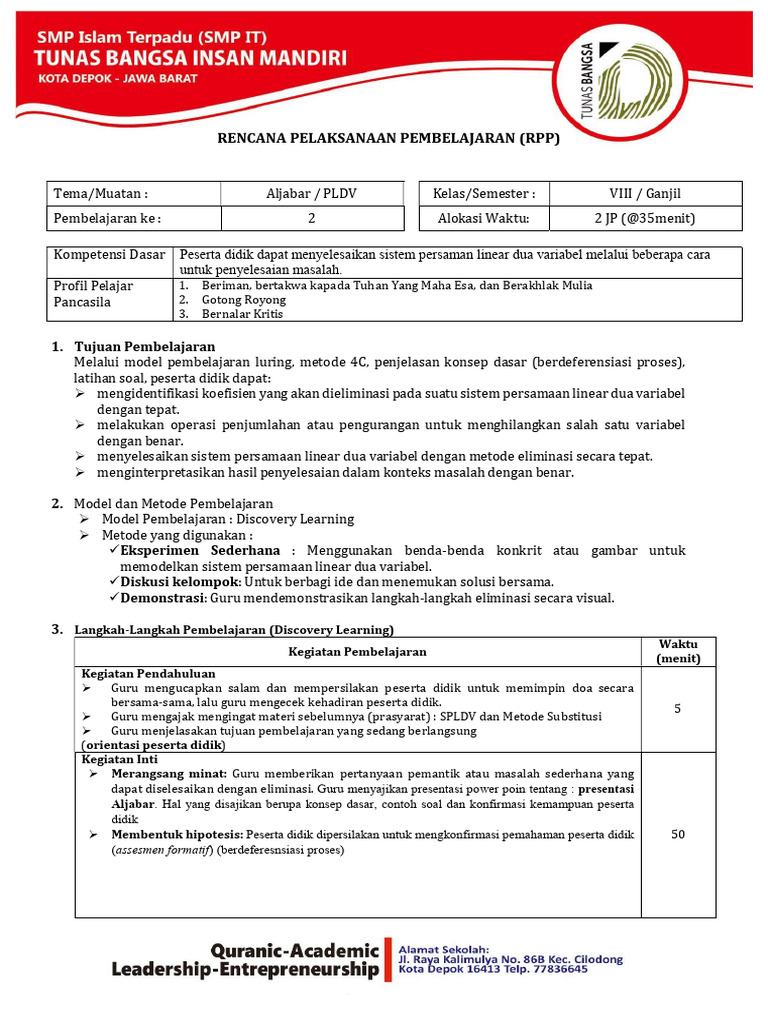 RPP E-Kin Dan Supervisi Kelas 8 SPLDV-Eliminasi | PDF