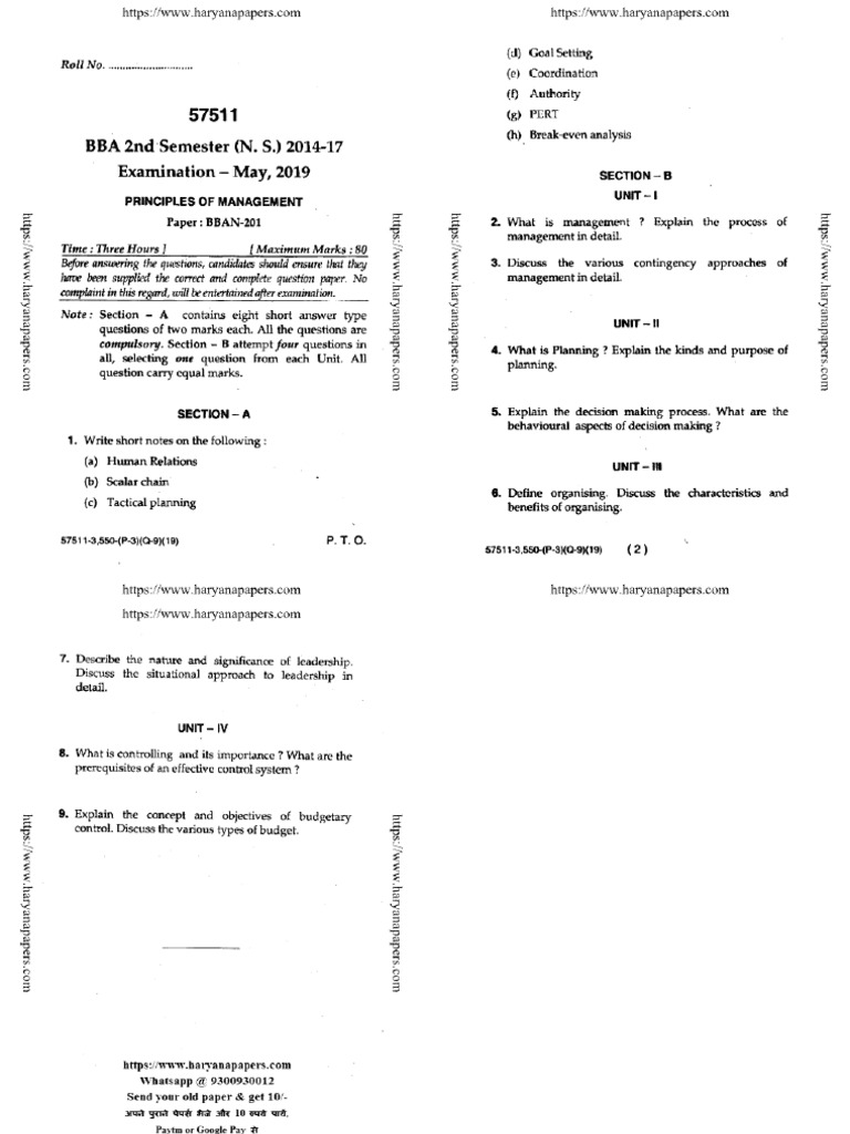 Bba 2 Sem Principles of Management 57511 May 2019 | PDF