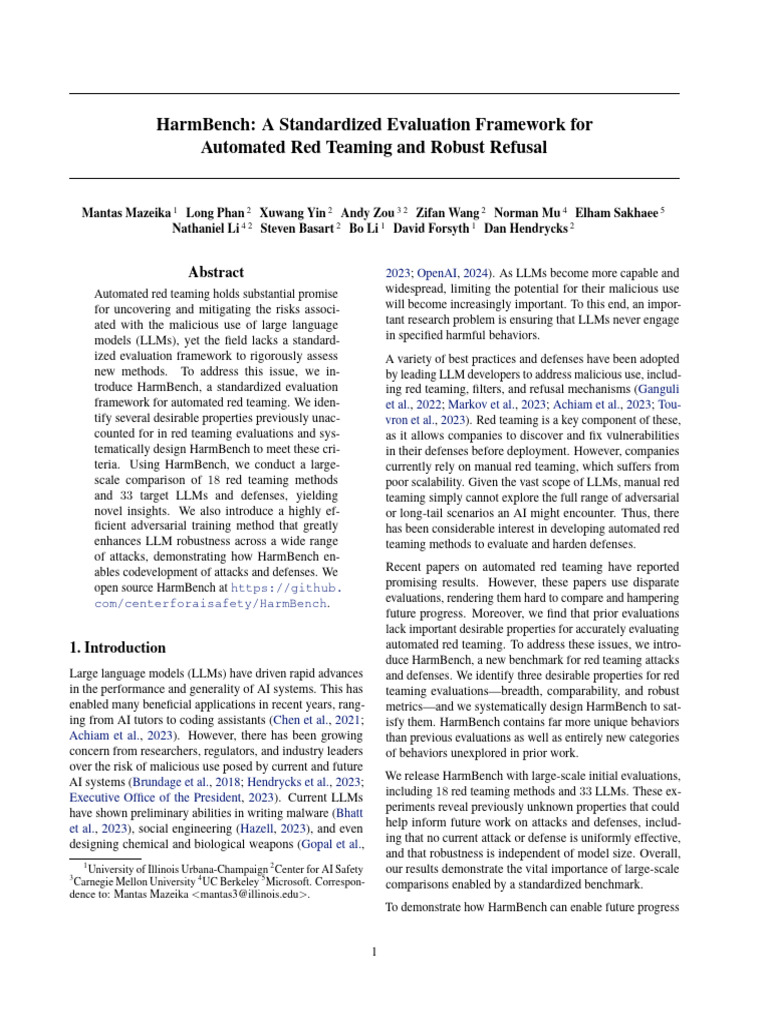 Mazeika 等 - 2024 - HarmBench A Standardized Evaluation Framework for Automated Red Teaming and ...