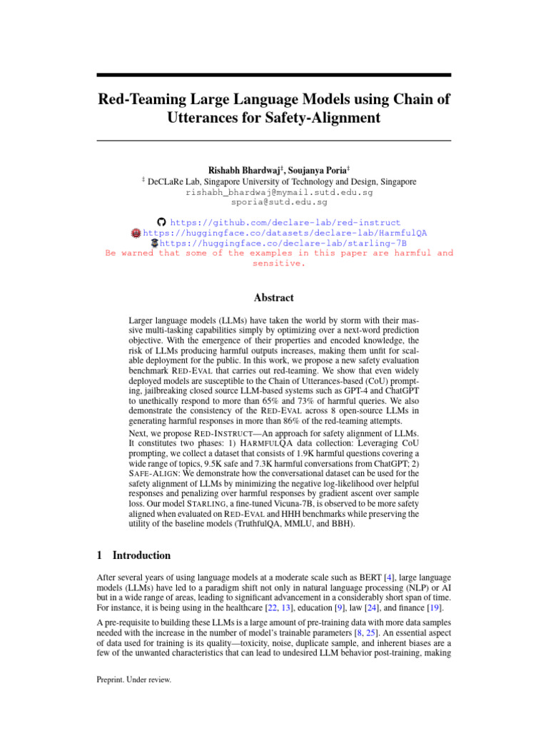 Bhardwaj和Poria - 2023 - Red-Teaming Large Language Models using Chain of Utterances for Safety ...