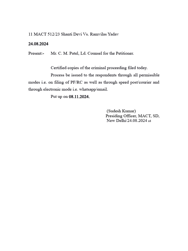 (Sudesh Kumar) Presiding Officer, MACT, SD | PDF