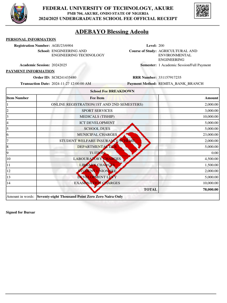 Adebayo Blessing Adeolu School Fee Receipt | PDF | Tuition Payments | Payments