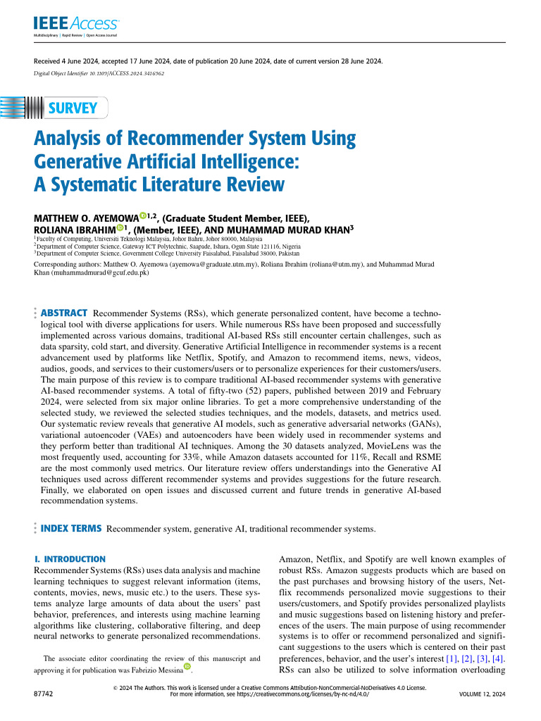 Analysis of Recommender System Using Generative Artificial Intelligence A Systematic Literature ...