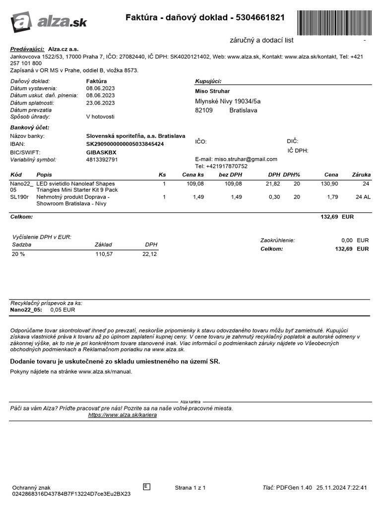 Faktúra - Daňový Doklad - 5304661821: Záručný A Dodací List | PDF