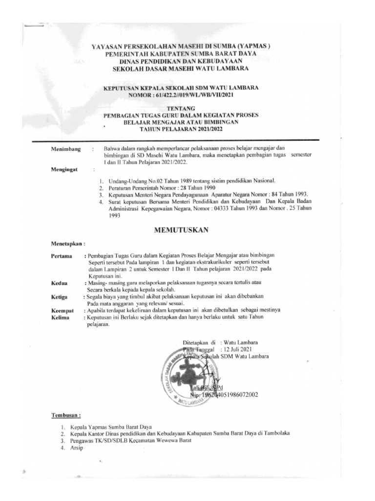 SK Pembagian Tugas 2021 2022 | PDF